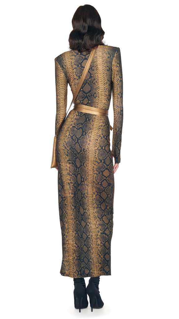 LS SHOULDER PAD SIDE SLIT GOWN – Python – Norma Kamali