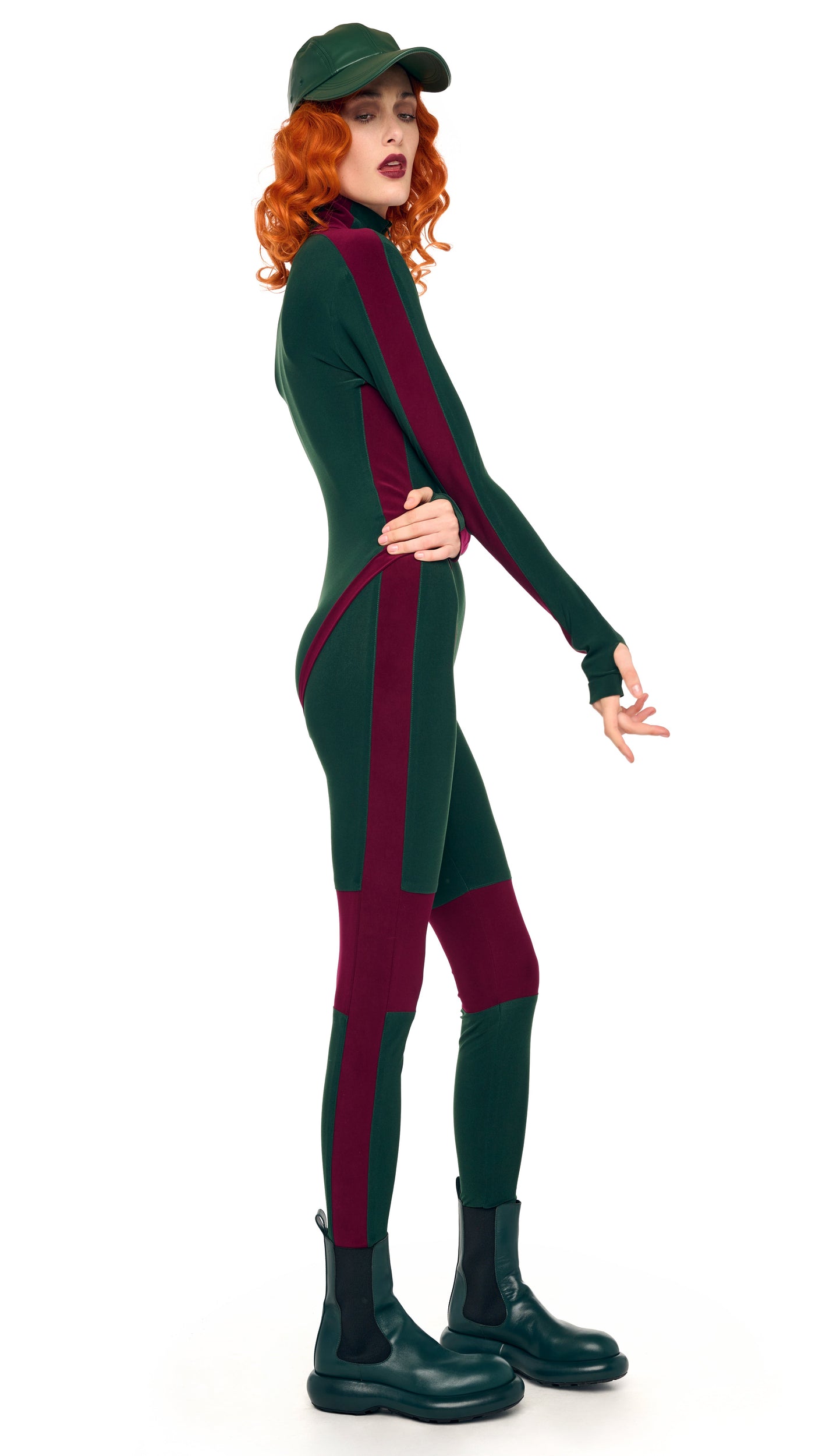 SIDE STRIPE ZIP FRONT L/S TURTLENECK BODYSUIT – Dark Emerald/Plum ...